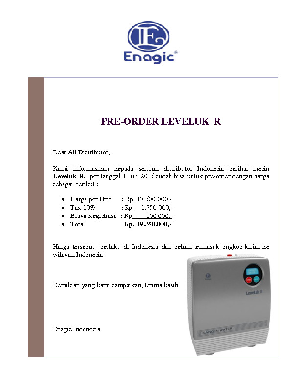 PRE-ORDER MACHINE LEVELUK - R - Enagic Indonesia